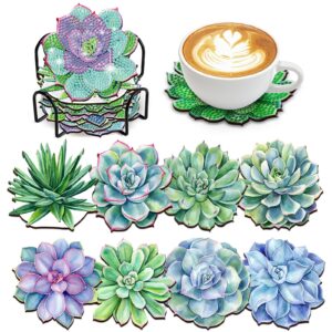 8 pcs green plant diamond art coasters green plant diamond art coasters kits with holder green plant diy coasters coasters for beginners, adults, kids, diamond art crafts supplies