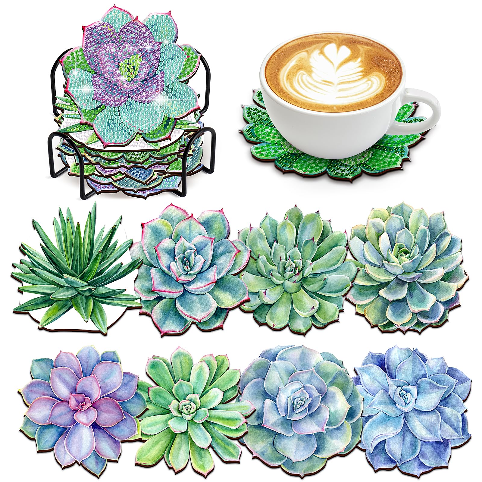 8 PCS Green Plant Diamond Art Coasters Green Plant Diamond Art Coasters Kits with Holder Green Plant DIY Coasters Coasters for Beginners, Adults, Kids, Diamond Art Crafts Supplies