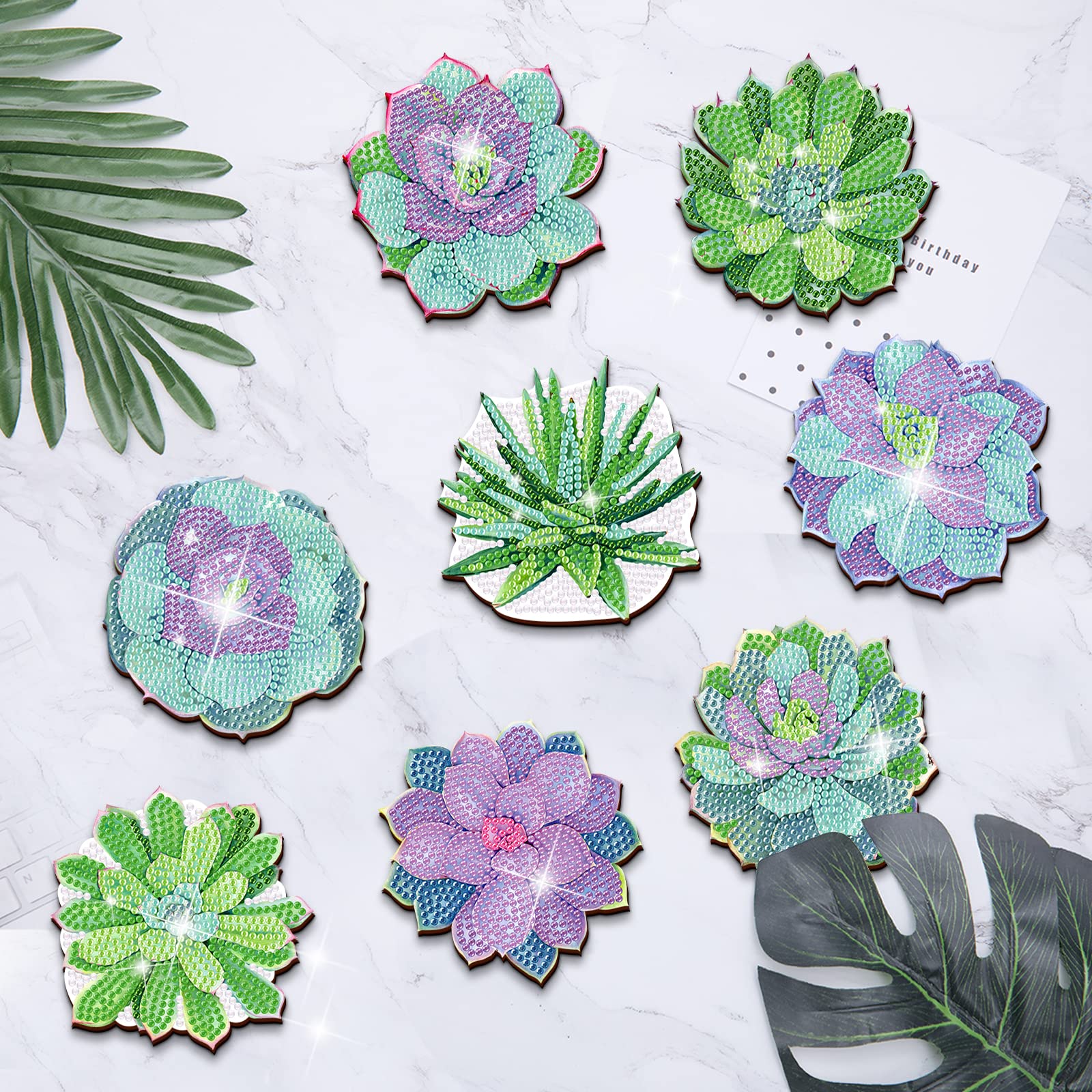 8 PCS Green Plant Diamond Art Coasters Green Plant Diamond Art Coasters Kits with Holder Green Plant DIY Coasters Coasters for Beginners, Adults, Kids, Diamond Art Crafts Supplies