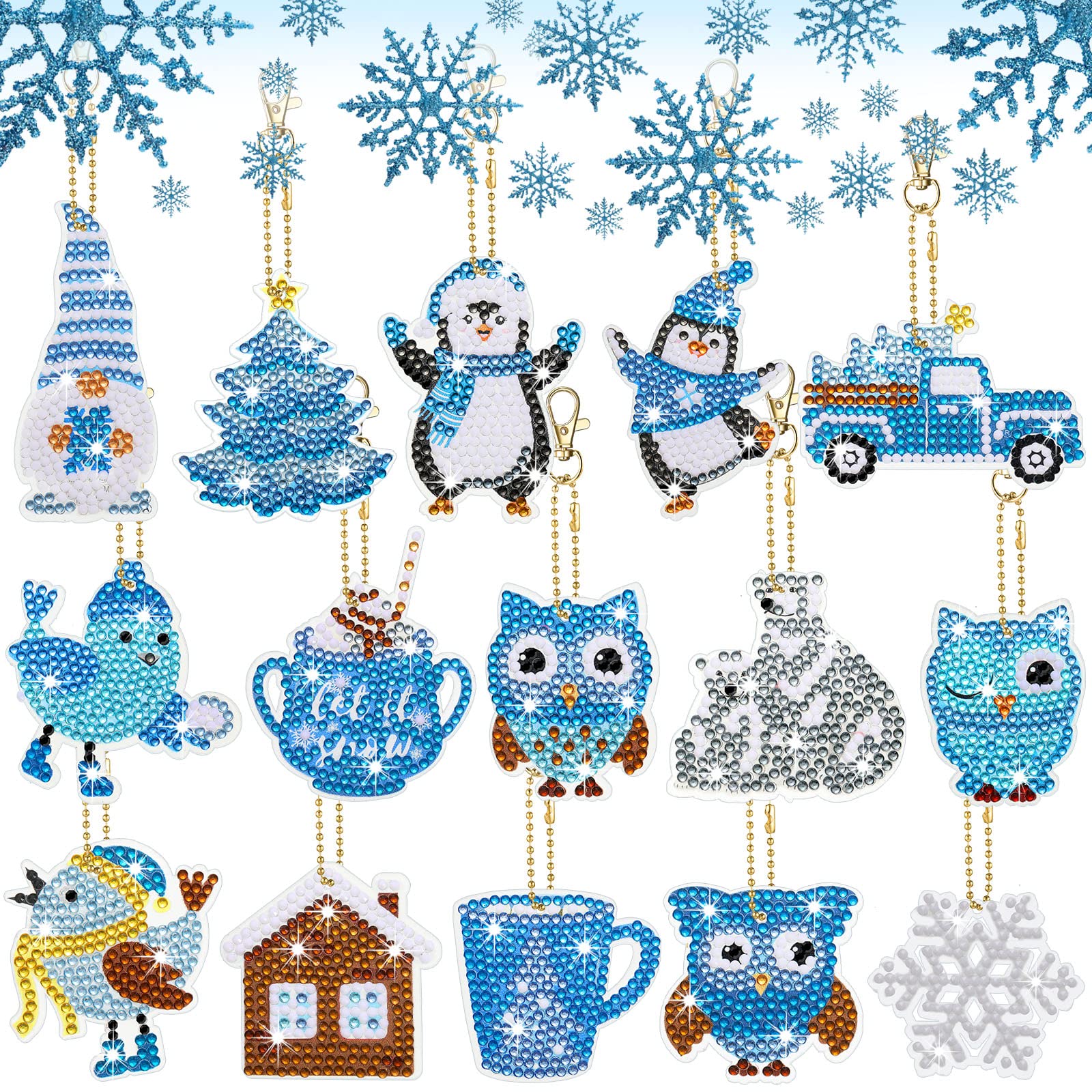 Inbagi 15 Pcs Winter Diamond Painting Keychains Blue Diamond Art Keychains Winter Gnome Snowflakes Diamond Painting Key Chains Diamond Art Key Rings Pendant 5D DIY Diamond Decoration (Winter Style)