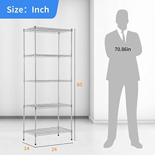 Wire Shelving Unit Metal Shelf Organizer Heavy Duty Wire Rack Storage Unit Rack Utility for Bathroom Office Kitchen (Chrome, 14" D x 24" W x 60" H)