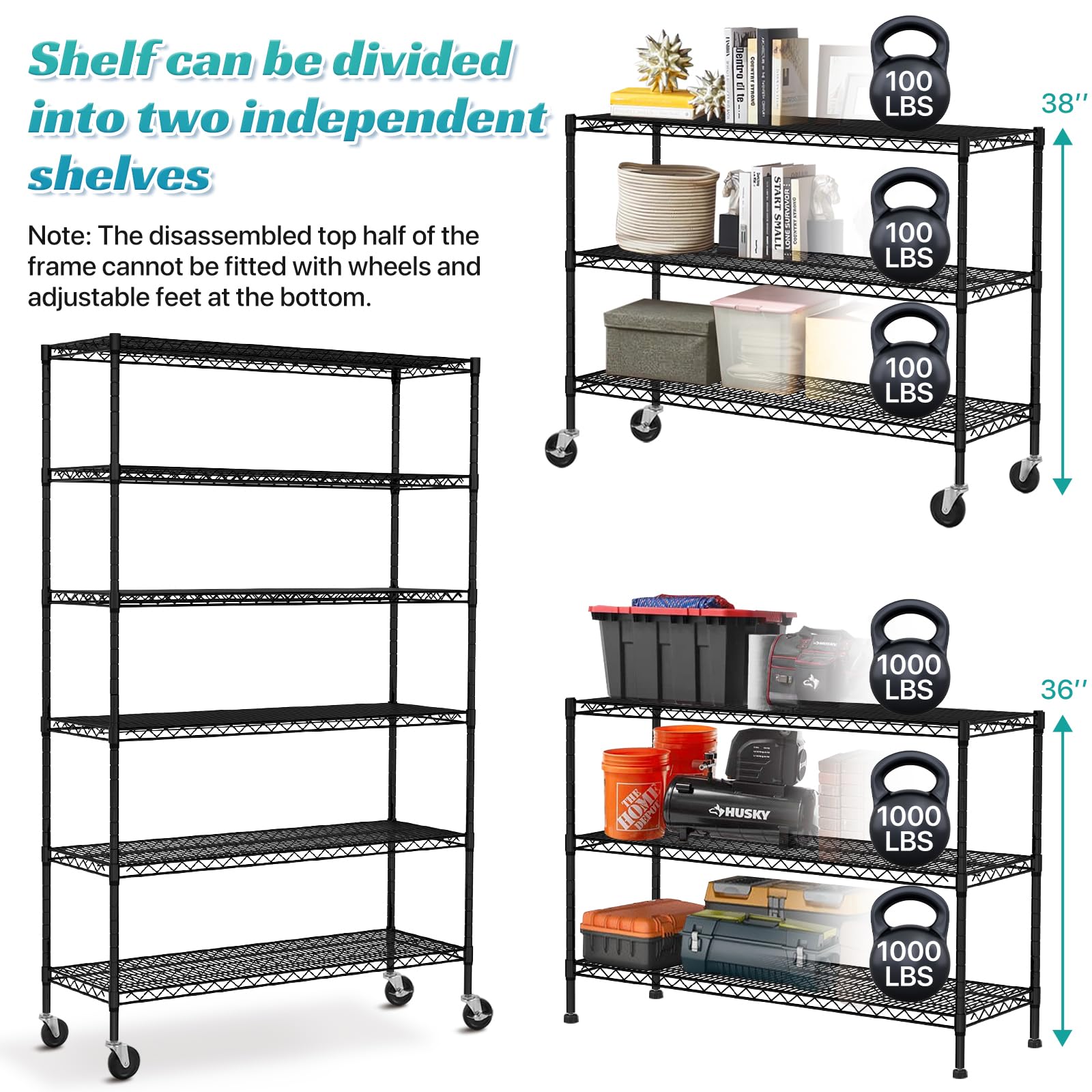 YRLLENSDAN 6 Tier Wire Shelving Unit 6000lbs Capacity Metal Storage Shelves with Wheels Height Adjustable Heavy Duty Steel Shelf for Kitchen Garage,48" W x 18" D x 72" H, Black