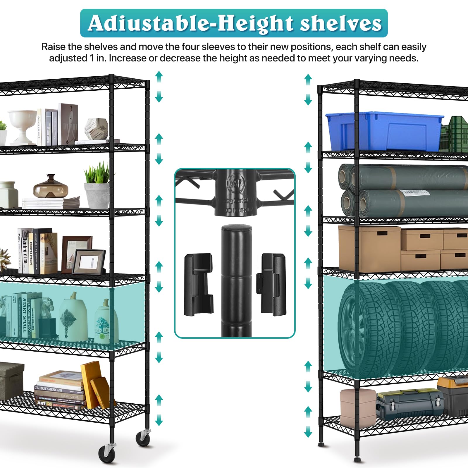 YRLLENSDAN 6 Tier Wire Shelving Unit 6000lbs Capacity Metal Storage Shelves with Wheels Height Adjustable Heavy Duty Steel Shelf for Kitchen Garage,48" W x 18" D x 72" H, Black