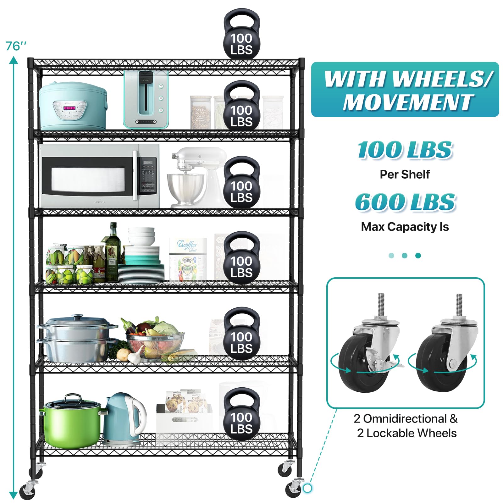 YRLLENSDAN 6 Tier Wire Shelving Unit 6000lbs Capacity Metal Storage Shelves with Wheels Height Adjustable Heavy Duty Steel Shelf for Kitchen Garage,48" W x 18" D x 72" H, Black