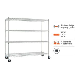 TRINITY Basics 4-Tier Adjustable Wire Shelving with Wheels for Kitchen Organization, Garage Storage, Laundry Room, NSF Certified, 600 to 1800 Pound Capacity, 60” by 24” by 54”, EcoStorage Chrome