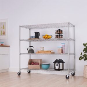 TRINITY Basics 4-Tier Adjustable Wire Shelving with Wheels for Kitchen Organization, Garage Storage, Laundry Room, NSF Certified, 600 to 1800 Pound Capacity, 60” by 24” by 54”, EcoStorage Chrome