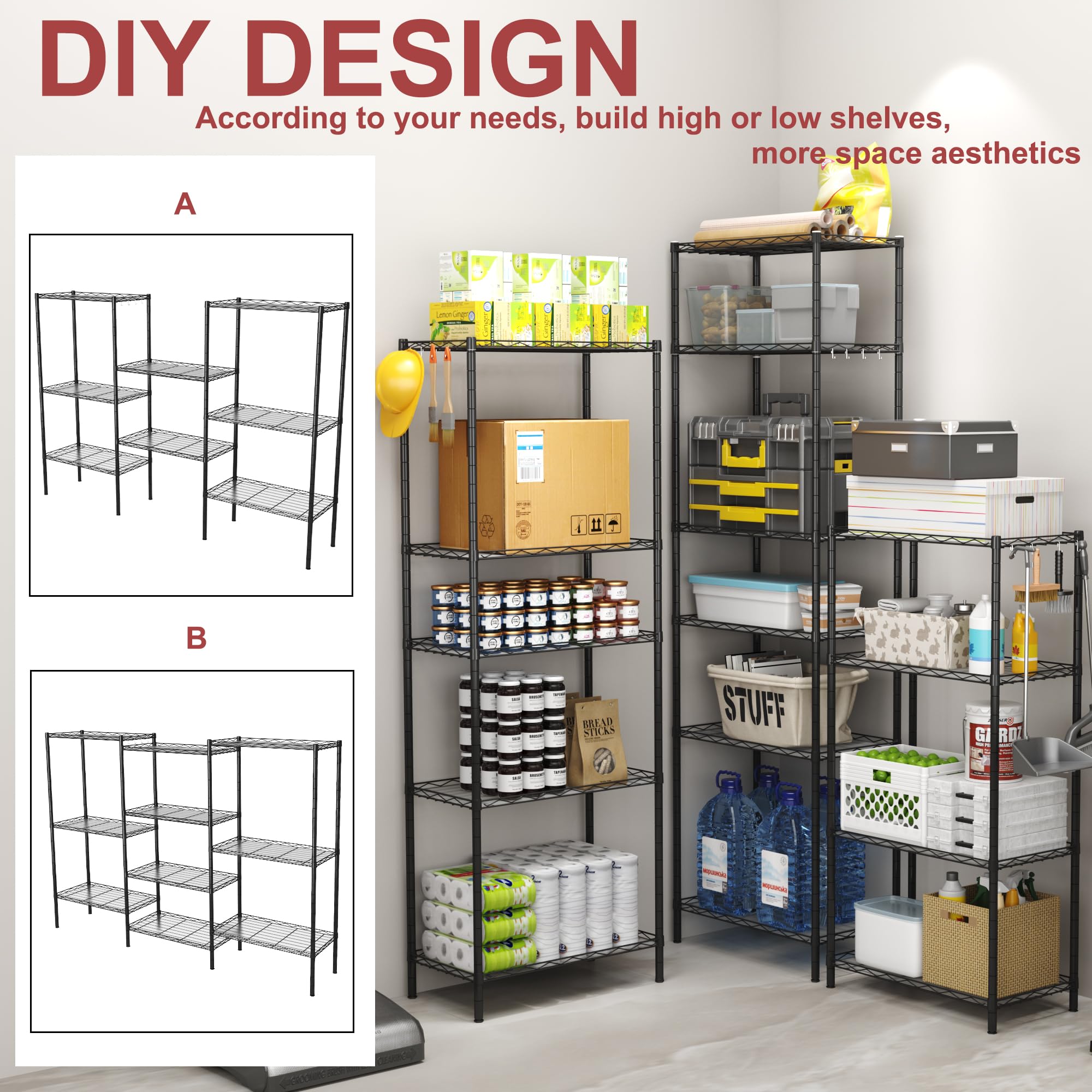 HOMEFORT 4-Shelving Unit, Adjustable Wire Shelving, Metal Wire Shelf with Shelf Liners and Hooks for Kitchen, Closet, Bathroom, Laundry, Black,21" W x 11" D x 43" H