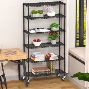 Folews 6-Tier Wire Shelving Unit with Wheels, Metal Storage Shelves Adjustable Layer Storage Rack Organizer Steel Utility Rolling Shelf for Home Kitchen Garage Pantry, Black(14D x 36W x 75H)