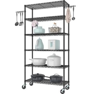 Folews 6-Tier Wire Shelving Unit with Wheels, Metal Storage Shelves Adjustable Layer Storage Rack Organizer Steel Utility Rolling Shelf for Home Kitchen Garage Pantry, Black(14D x 36W x 75H)