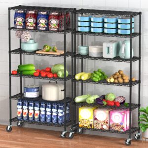 Folews 6-Tier Wire Shelving Unit with Wheels, Metal Storage Shelves Adjustable Layer Storage Rack Organizer Steel Utility Rolling Shelf for Home Kitchen Garage Pantry, Black(14D x 36W x 75H)