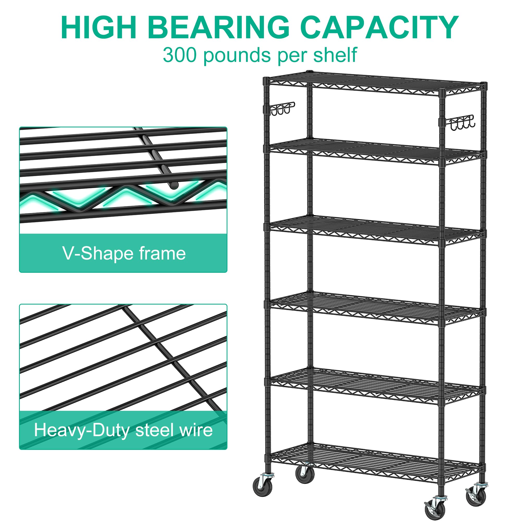 Folews 6-Tier Wire Shelving Unit with Wheels, Metal Storage Shelves Adjustable Layer Storage Rack Organizer Steel Utility Rolling Shelf for Home Kitchen Garage Pantry, Black(14D x 36W x 75H)