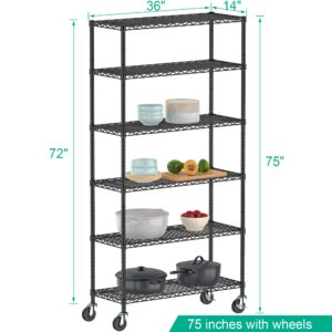 Folews 6-Tier Wire Shelving Unit with Wheels, Metal Storage Shelves Adjustable Layer Storage Rack Organizer Steel Utility Rolling Shelf for Home Kitchen Garage Pantry, Black(14D x 36W x 75H)