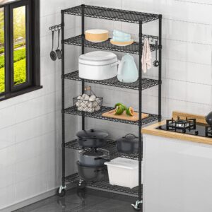 Folews 6-Tier Wire Shelving Unit with Wheels, Metal Storage Shelves Adjustable Layer Storage Rack Organizer Steel Utility Rolling Shelf for Home Kitchen Garage Pantry, Black(14D x 36W x 75H)