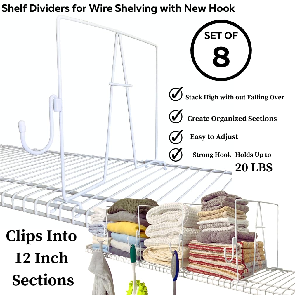 Evelots Wire Shelf Dividers 8 Pack with New Patent Pending Removable Hooks,Extra Closet Storage & Organization for Home or Office -Tall Shelf Separator-Easy Clip-No Tool- Coated Steel