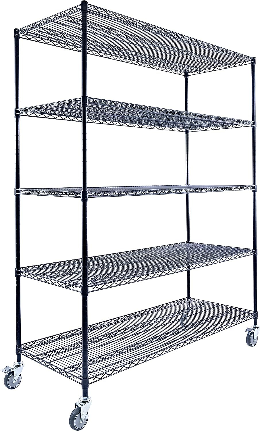 Utility Basics 60" x 24" x 72" Black 5-Tier Wire Shelving NSF 4000 LBS Max Capacity Heavy Duty Steel Storage Rack for Warehouses, Garages, Hospitals, Kitchens, and Commercial Spaces w/Premium Wheels