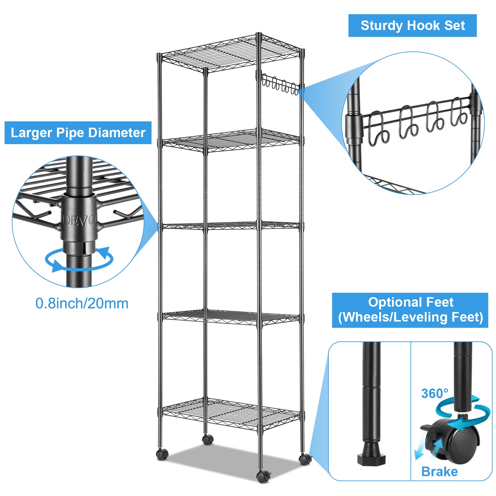 Devo Shelving Unit, Heavy Duty Shelving, Storage Shelves with Wheels, Metal Storage Rack for Laundry Bathroom Kitchen Garage Pantry Organization (24" * 14" * 71", Black)