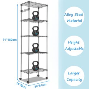 Devo Shelving Unit, Heavy Duty Shelving, Storage Shelves with Wheels, Metal Storage Rack for Laundry Bathroom Kitchen Garage Pantry Organization (24" * 14" * 71", Black)