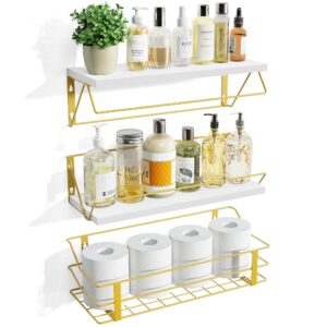 love-kankei floating shelves wall mounted, bathroom shelves over toilet with towel bar,wall shelves with storage wire basket, wood shelves for bedroom kitchen living room books, set of 3, white