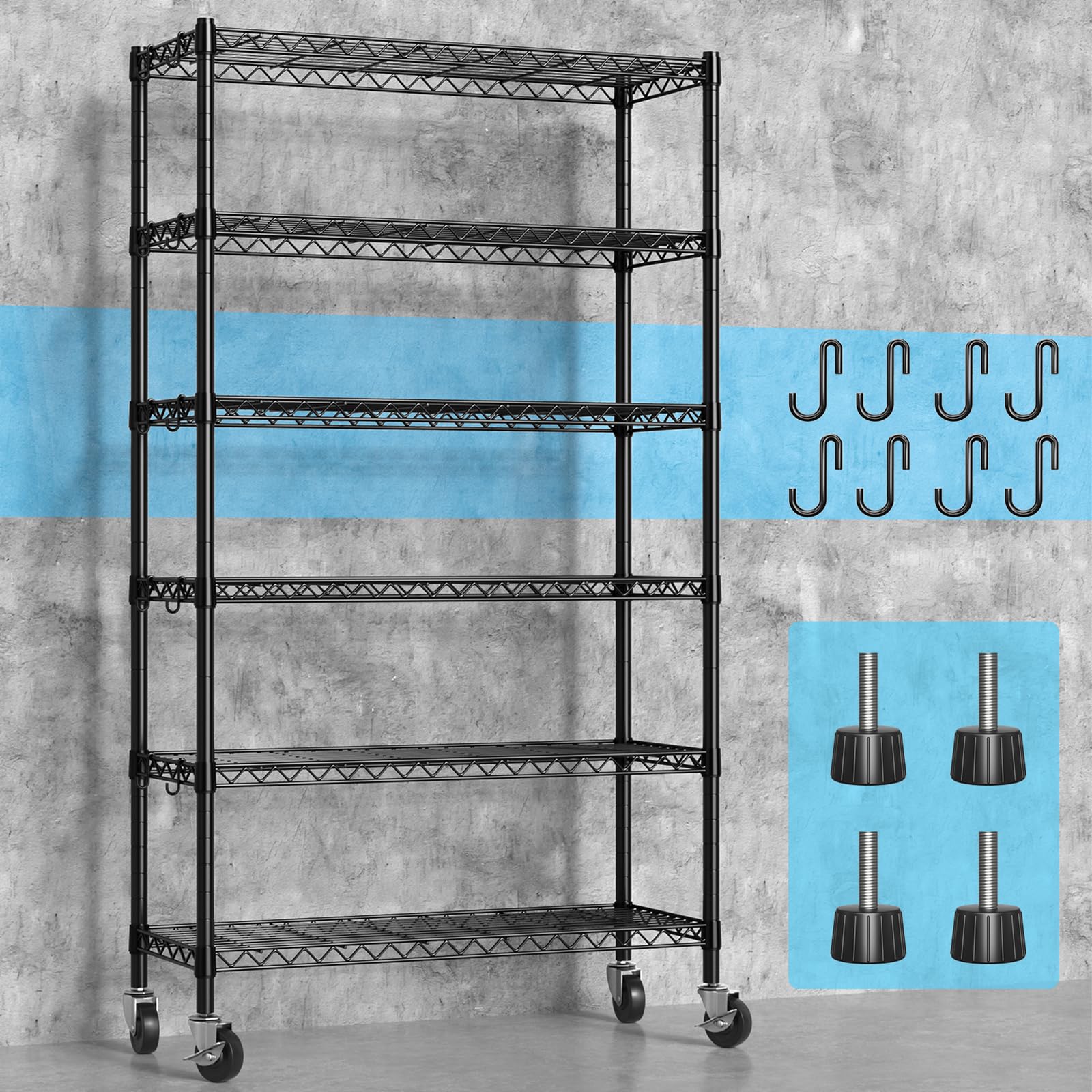 Hodonas Wire Shelving Unit with Wheels, 6-tier Metal Shelving with Adjustable Storage Shelves Freestanding Sturdy Metal Wire Storage Shelf Organizer Rack for Pantry Garage Kitchen, 36"W x 14"D x 75"H