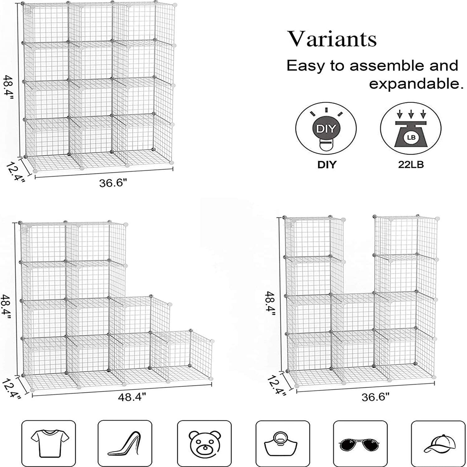 C&AHOME Wire Cube Storage, 12-Cube Storage Organizer Metal, C Grids Storage Bins Shelving, Modular Bookshelf Shelf, Closet Cabinet Ideal for Bedroom, Office 36.6”L x 12.4”W 48.4”H White