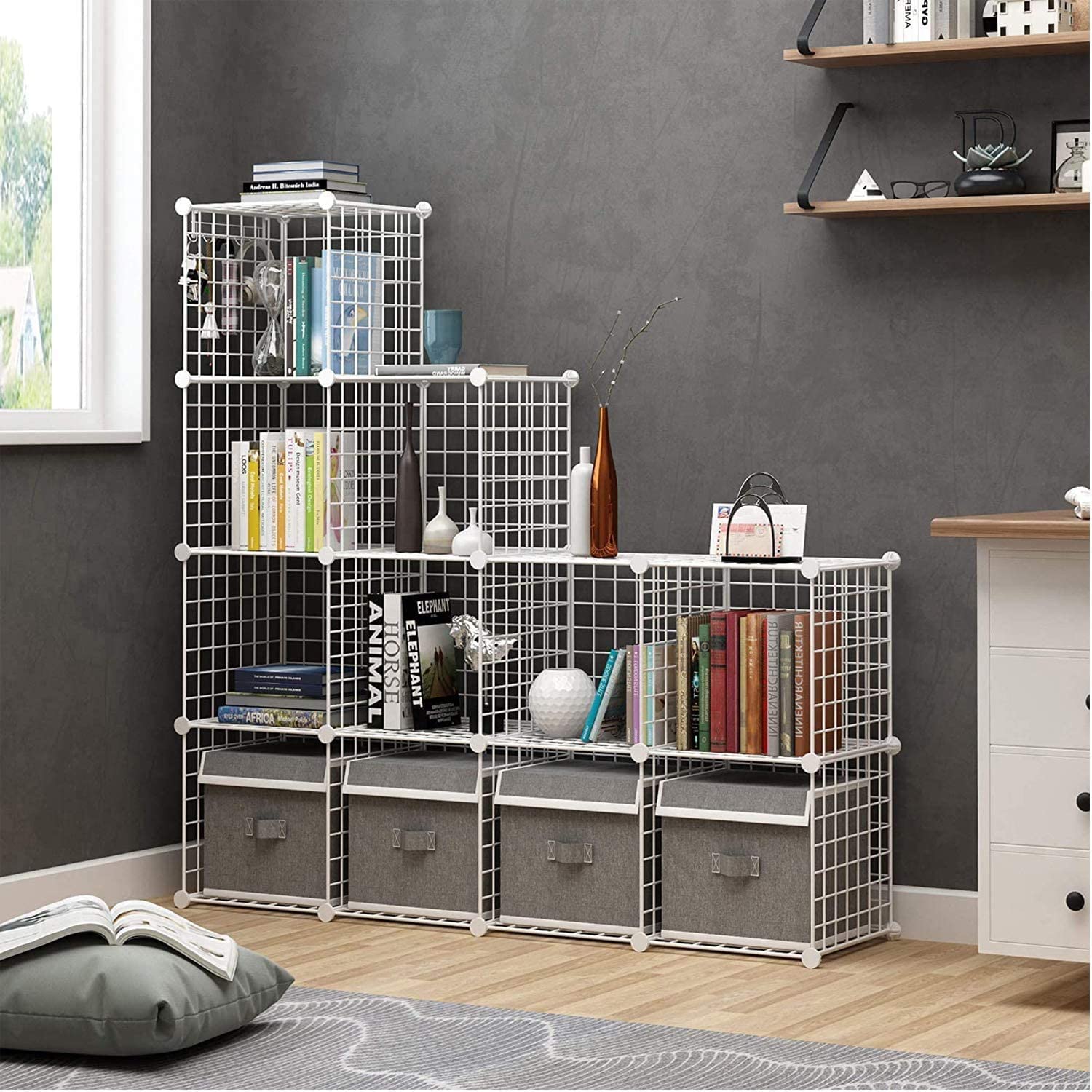 C&AHOME Wire Cube Storage, 12-Cube Storage Organizer Metal, C Grids Storage Bins Shelving, Modular Bookshelf Shelf, Closet Cabinet Ideal for Bedroom, Office 36.6”L x 12.4”W 48.4”H White