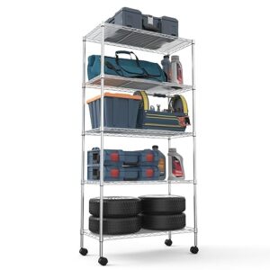 5 tier nsf wire shelf shelving unit, 14 x 30 x 60 inch 750lbs capacity adjustable storage metal rack with wheels/leveling feet & shelf liners, ideal for garage, kitchen, office home and more - chrome