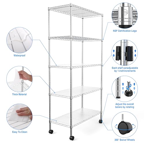 5 Tier NSF Wire Shelf Shelving Unit, 14 x 30 x 60 Inch 750lbs Capacity Adjustable Storage Metal Rack with Wheels/Leveling Feet & Shelf Liners, Ideal for Garage, Kitchen, Office Home and More - Chrome