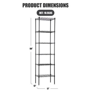 NChanmar 6-Tier Metal Shelving Unit Storage Shelves Metal Shelves 64"x17"x12" Heavy Duty Metal Storage Rack Wire Rack NSF Height Adjustable for Home Kitchen Bathroom Garage Shelving(Black)