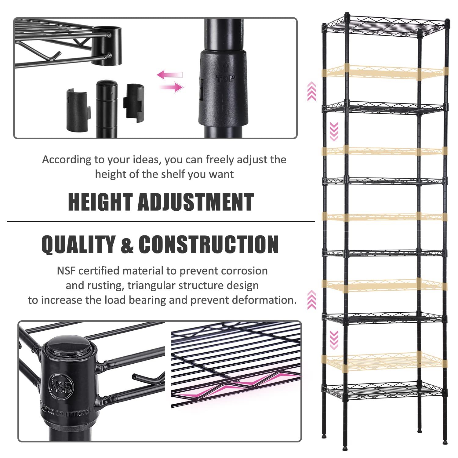 NChanmar 6-Tier Metal Shelving Unit Storage Shelves Metal Shelves 64"x17"x12" Heavy Duty Metal Storage Rack Wire Rack NSF Height Adjustable for Home Kitchen Bathroom Garage Shelving(Black)