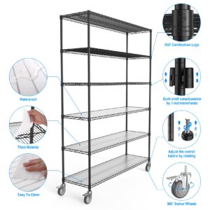 6 Tier 6000lbs Capacity NSF Metal Shelf Wire Shelving Unit, Heavy Duty Adjustable Storage Rack with Wheels & Shelf Liners for Commercial Grade Utility Steel Storage Rack, Black - 87.5"H x 60"L x 18"D