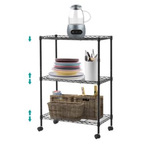 doredo 3 tier adjustable wire shelf with wheels, 3 tier mobile metal storage shelves, black wire rack shelving unit, 200lbs capacity, 10" d x 20" w x 28" h, for kitchen, pantry, laundry