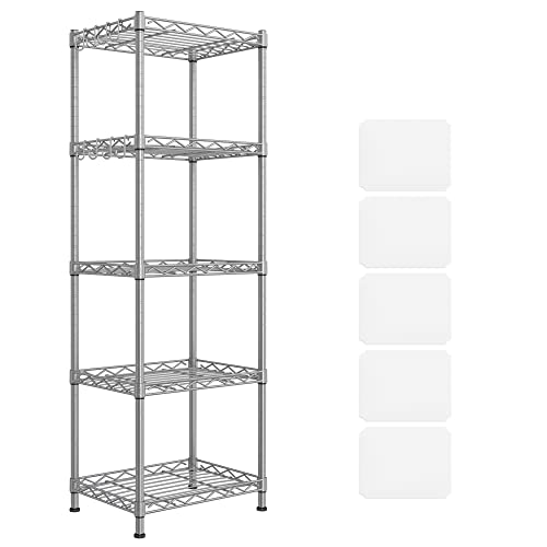 SONGMICS 5-Tier Storage Shelves, Wire Shelving Unit, Kitchen Metal Shelves, Storage Rack with Adjustable Shelves, Shelf Liners, 8 Hooks, for Garage, 11.8 x 15.7 x 47.6 Inches, Silver ULGR115E01