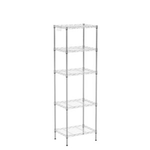 SONGMICS 5-Tier Storage Shelves, Wire Shelving Unit, Kitchen Metal Shelves, Storage Rack with Adjustable Shelves, Shelf Liners, 8 Hooks, for Garage, 11.8 x 15.7 x 47.6 Inches, Silver ULGR115E01