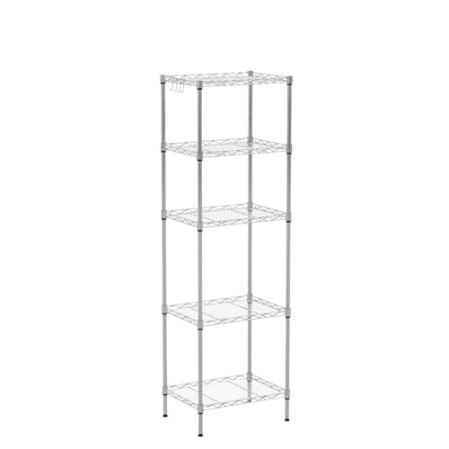 SONGMICS 5-Tier Storage Shelves, Wire Shelving Unit, Kitchen Metal Shelves, Storage Rack with Adjustable Shelves, Shelf Liners, 8 Hooks, for Garage, 11.8 x 15.7 x 47.6 Inches, Silver ULGR115E01