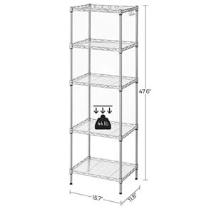 SONGMICS 5-Tier Storage Shelves, Wire Shelving Unit, Kitchen Metal Shelves, Storage Rack with Adjustable Shelves, Shelf Liners, 8 Hooks, for Garage, 11.8 x 15.7 x 47.6 Inches, Silver ULGR115E01