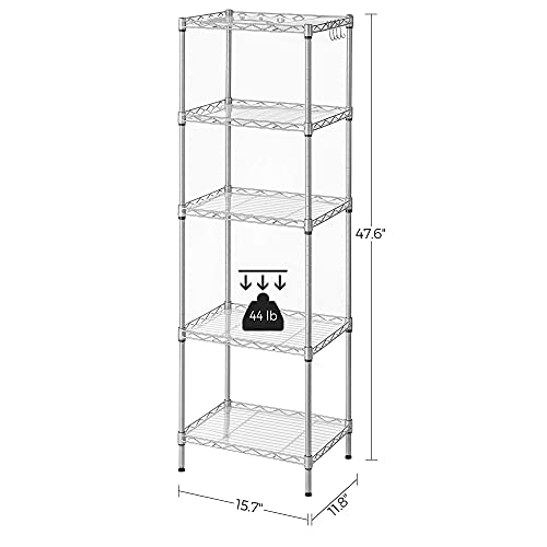 SONGMICS 5-Tier Storage Shelves, Wire Shelving Unit, Kitchen Metal Shelves, Storage Rack with Adjustable Shelves, Shelf Liners, 8 Hooks, for Garage, 11.8 x 15.7 x 47.6 Inches, Silver ULGR115E01