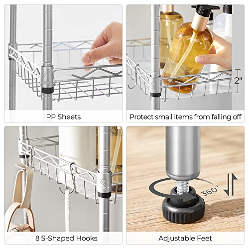 SONGMICS 5-Tier Storage Shelves, Wire Shelving Unit, Kitchen Metal Shelves, Storage Rack with Adjustable Shelves, Shelf Liners, 8 Hooks, for Garage, 11.8 x 15.7 x 47.6 Inches, Silver ULGR115E01