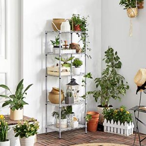 SONGMICS 5-Tier Storage Shelves, Wire Shelving Unit, Kitchen Metal Shelves, Storage Rack with Adjustable Shelves, Shelf Liners, 8 Hooks, for Garage, 11.8 x 15.7 x 47.6 Inches, Silver ULGR115E01