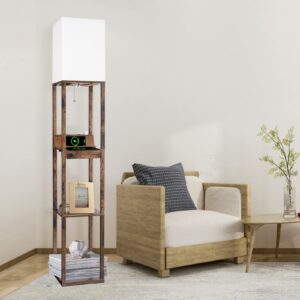 【Upgraded】Floor Lamp with Shelves,Shelf Floor Lamps for Living Room with Wireless Charger, Floor Lamps for Bedroom with USB A+C Charging Ports and 2 AC Outlet, Brown Wood Lamp for Living Room, Bedroom