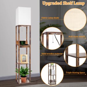 【Upgraded】Floor Lamp with Shelves,Shelf Floor Lamps for Living Room with Wireless Charger, Floor Lamps for Bedroom with USB A+C Charging Ports and 2 AC Outlet, Brown Wood Lamp for Living Room, Bedroom