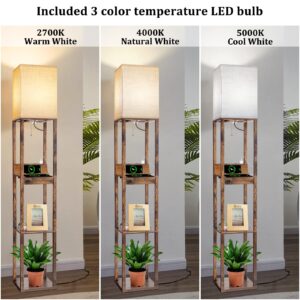 【Upgraded】Floor Lamp with Shelves,Shelf Floor Lamps for Living Room with Wireless Charger, Floor Lamps for Bedroom with USB A+C Charging Ports and 2 AC Outlet, Brown Wood Lamp for Living Room, Bedroom