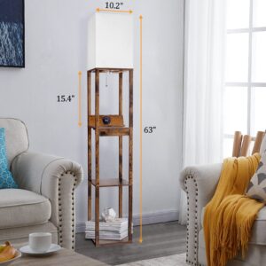 【Upgraded】Floor Lamp with Shelves,Shelf Floor Lamps for Living Room with Wireless Charger, Floor Lamps for Bedroom with USB A+C Charging Ports and 2 AC Outlet, Brown Wood Lamp for Living Room, Bedroom