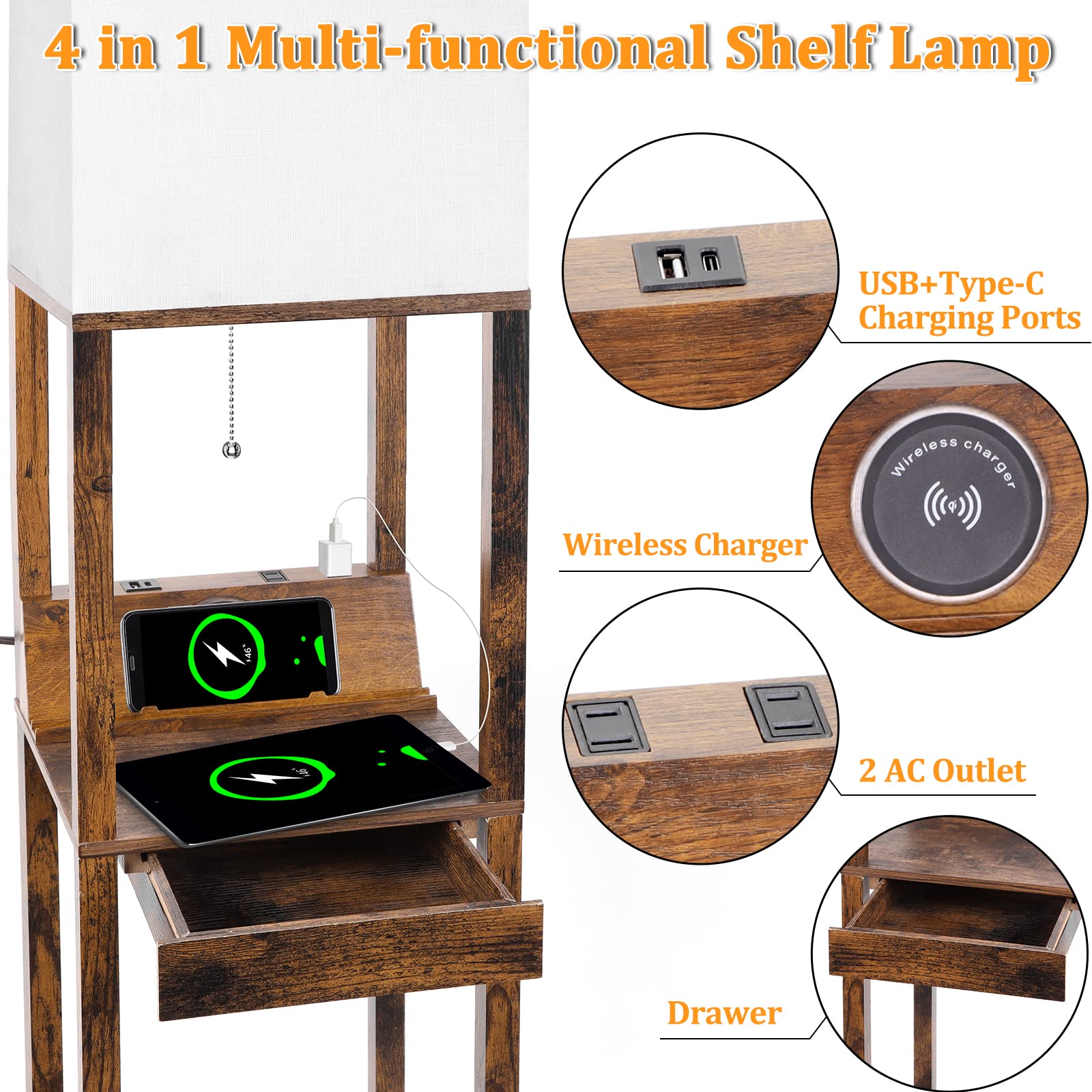 【Upgraded】Floor Lamp with Shelves,Shelf Floor Lamps for Living Room with Wireless Charger, Floor Lamps for Bedroom with USB A+C Charging Ports and 2 AC Outlet, Brown Wood Lamp for Living Room, Bedroom