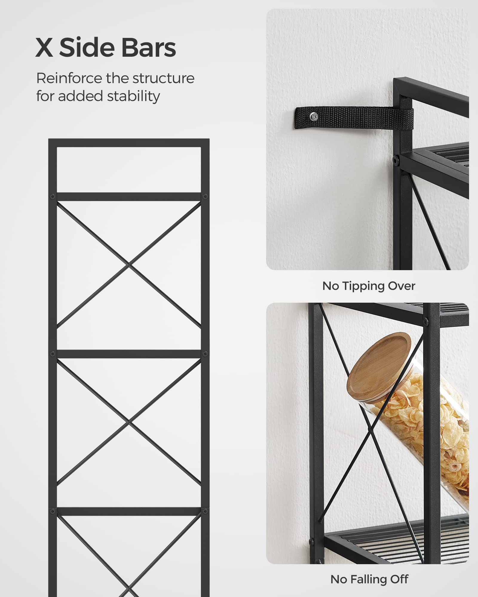 SONGMICS 5-Tier Metal Storage Rack, Shelving Unit with X Side Frames, Dense Mesh, 12.6 x 23.6 x 57.3 Inches, for Entryway, Kitchen, Living Room, Bathroom, Industrial Style, Ink Black UBSC165B01