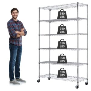 storage shelves 6-tier wire shelving unit garage shelving with wheels 2100lbs capacity,18" d x 48" w x 78" h metal shelves storage rack heavy duty shelving for garage kitchen pantry,chrome