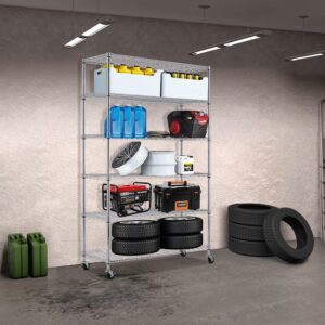 Storage Shelves 6-Tier Wire Shelving Unit Garage Shelving with Wheels 2100LBS Capacity,18" D x 48" W x 78" H Metal Shelves Storage Rack Heavy Duty Shelving for Garage Kitchen Pantry,Chrome