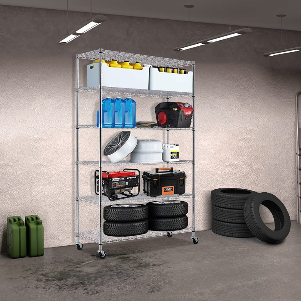 Storage Shelves 6-Tier Wire Shelving Unit Garage Shelving with Wheels 2100LBS Capacity,18" D x 48" W x 78" H Metal Shelves Storage Rack Heavy Duty Shelving for Garage Kitchen Pantry,Chrome