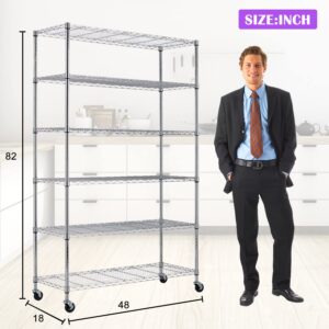 Storage Shelves 6-Tier Wire Shelving Unit Garage Shelving with Wheels 2100LBS Capacity,18" D x 48" W x 78" H Metal Shelves Storage Rack Heavy Duty Shelving for Garage Kitchen Pantry,Chrome