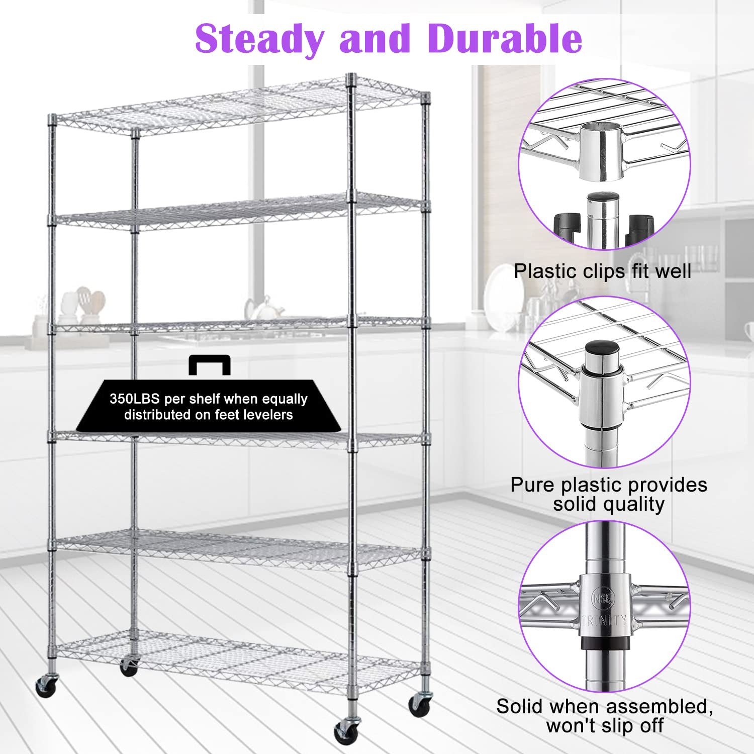 Storage Shelves 6-Tier Wire Shelving Unit Garage Shelving with Wheels 2100LBS Capacity,18" D x 48" W x 78" H Metal Shelves Storage Rack Heavy Duty Shelving for Garage Kitchen Pantry,Chrome