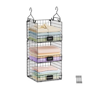 sonyabecca 3-tier hanging closet organizer with name plate, clothes hanging shelves 5 s hooks, wall mount & cabinet foldable wire storage basket, for clothing sweaters handbags